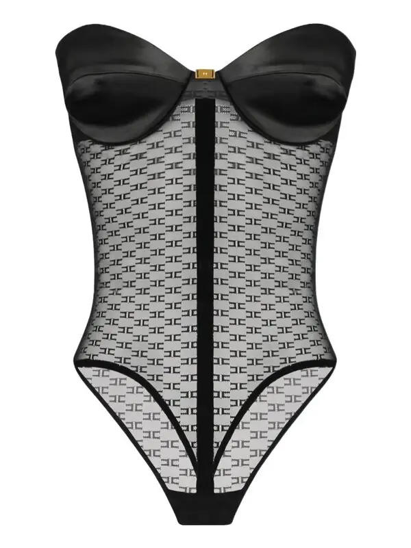 Elisabetta Franchi Monogram Jacquard Tulle Bodysuit - Black