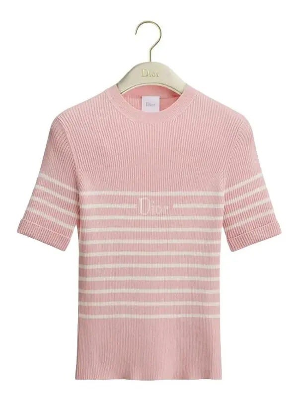 Dior Ribbed Short-sleeved Fitted Sweater With Logo - White/pink