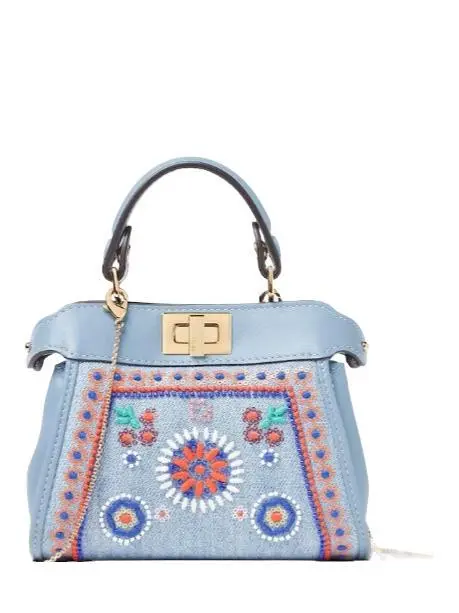Fendi Nano Peekaboo Miniature Bag With Multicolour Embroidery - Light Blue