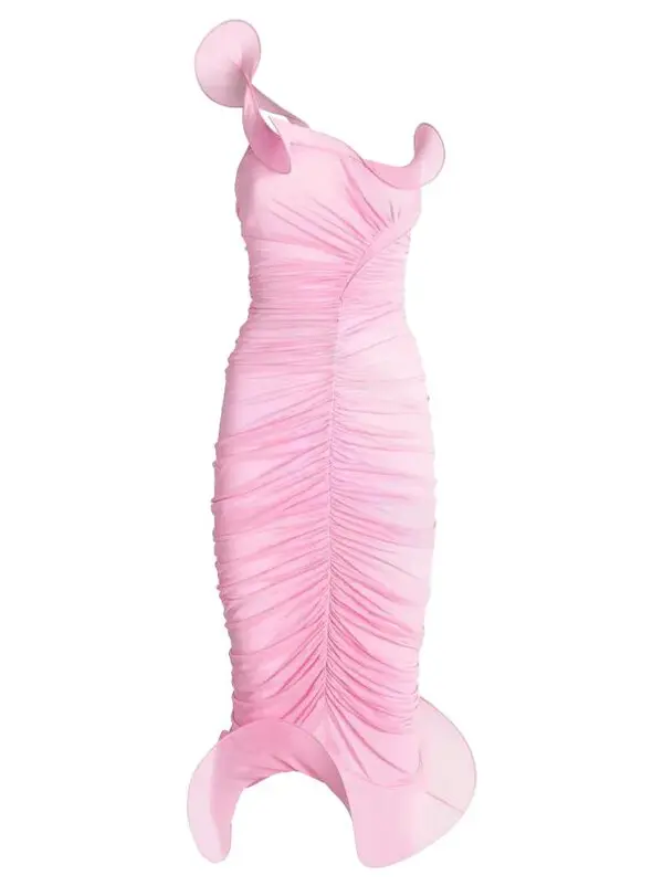 GENNY One-shoulder Ruffled Midi Dress - Pink