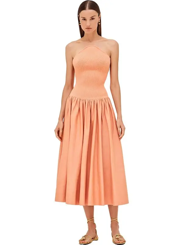 Alexis Kamali Strapless Ribbed Bodice A-line Dress - Coral
