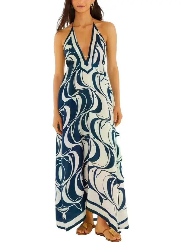 Farm Rio Fish-print Halterneck Maxi Dress - Blue