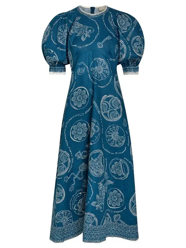 ALEMAIS Alémais Printed Linen Midi Dress - Blue