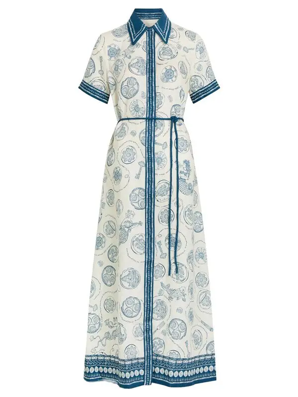 ALEMAIS Printed Linen Midi Shirt Dress - Ivory