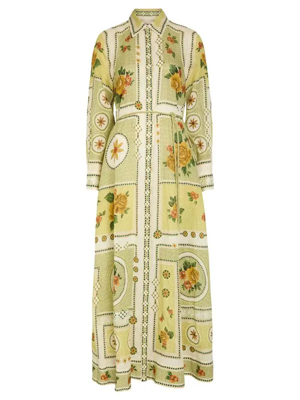 ALEMAIS Alemas Dixie Printed Ramie Maxi Shirt Dress - Yellow