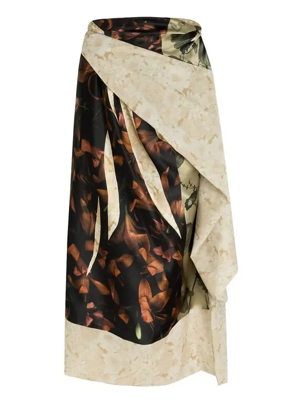 MAISON MARGIELA Asymmetric Floral Print Silk Midi Wrap Skirt - Brown