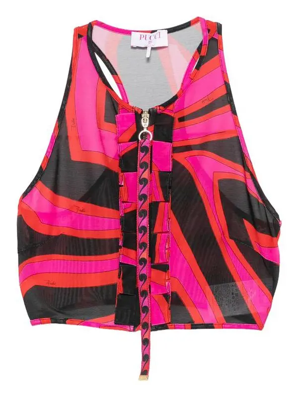Emilio Pucci Sleeveless Printed Mesh Top With Ruffles - Pink