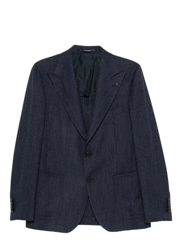 Tagliatore Navy Herringbone Weave Peak Lapel Blazer - Blue