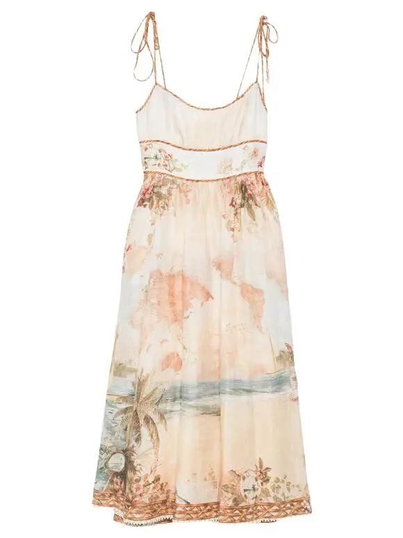 Zimmermann Linen Day Dress With Map Print - Cream