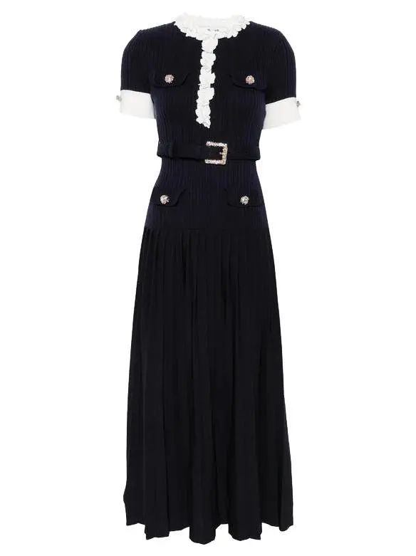 SELF-PORTRAIT Navy Charm Detail Pointelle Knit Dress - Blue