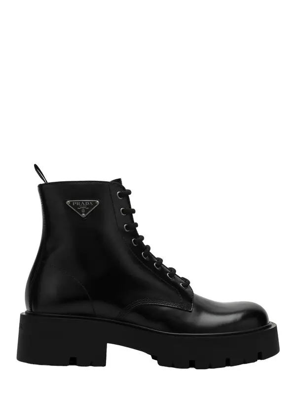 Prada Brushed Leather Lace-up Ankle Boots With Logo Detail - Black