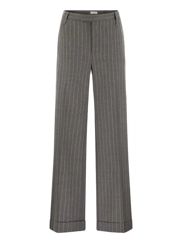 Brunello Cucinelli Virgin Wool Mouliné Pinstripe Loose Flared Trousers With Beadwork - Gray