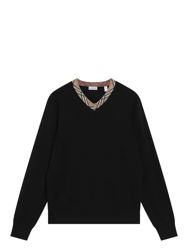 Burberry Wool Sweater With Check Motif Neckline - Black