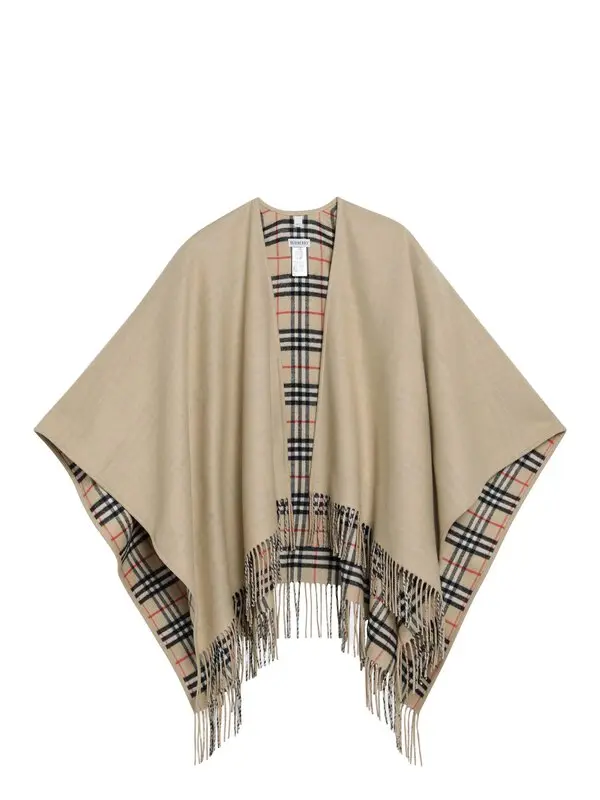 Burberry Reversible Wool Cape With Fringes - Cream