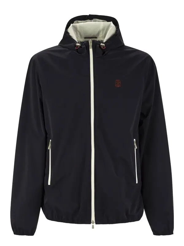 Brunello Cucinelli Membranated Nylon Jacket With Logo And Hood - Blue