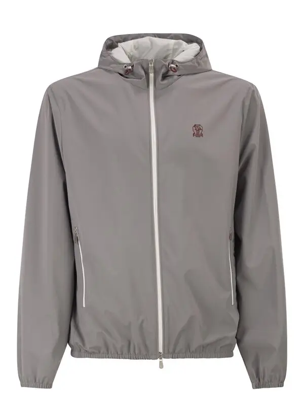 Brunello Cucinelli Membranated Nylon Jacket With Logo And Hood - Gray
