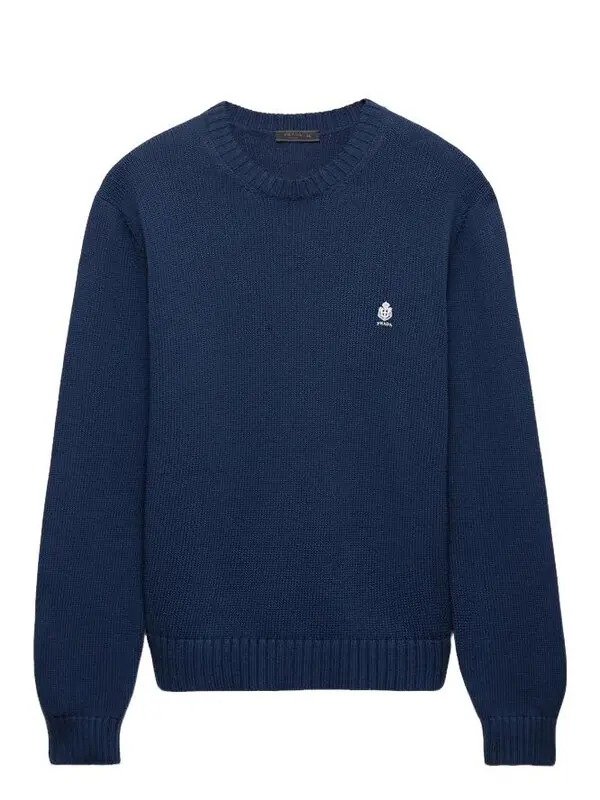 Prada Crew Neck Sweater With Embroidered Logo - Blue