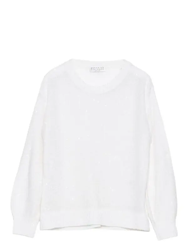 Brunello Cucinelli Crew Neck Sequin Embellished Long Sleeve Sweater - White