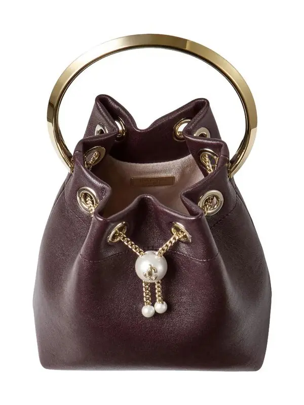 JIMMY CHOO Bordeaux Calf Leather Bucket Bag With Pearl Embellishments - Red