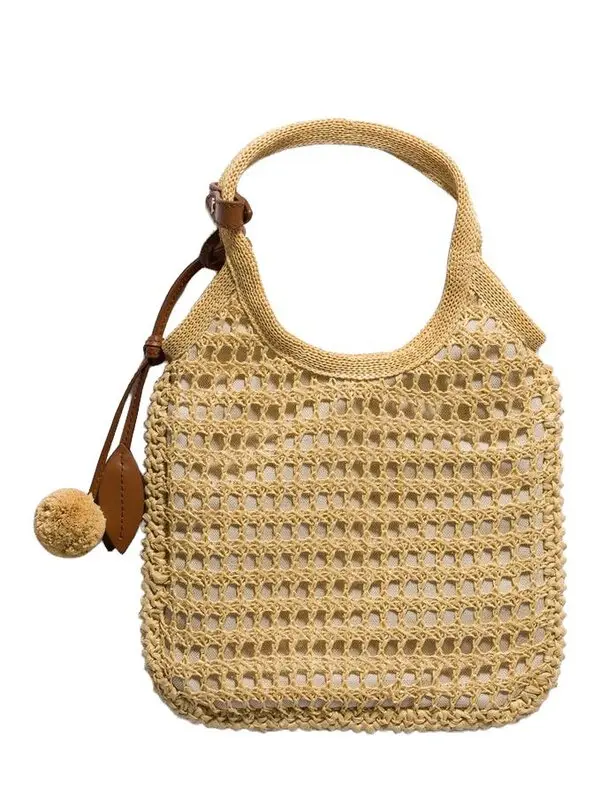 Miu Miu Crochet Raffia Tote Bag With Leather Trims - Cream
