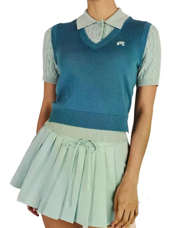 MALBON Veronica Cable Knit Polo Shirt - Blue