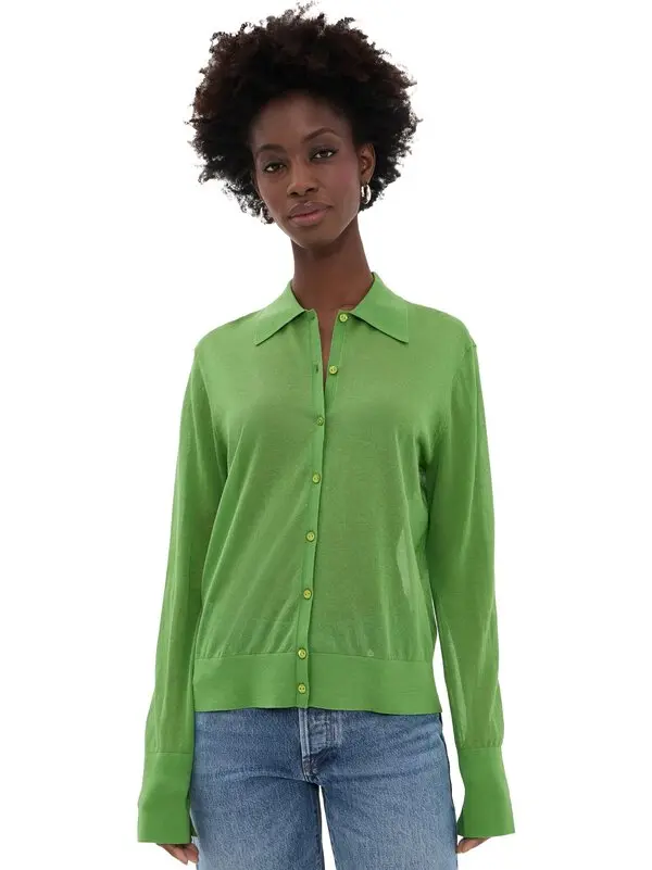 FRAME Collared Fine Knit Cardigan - Peridot