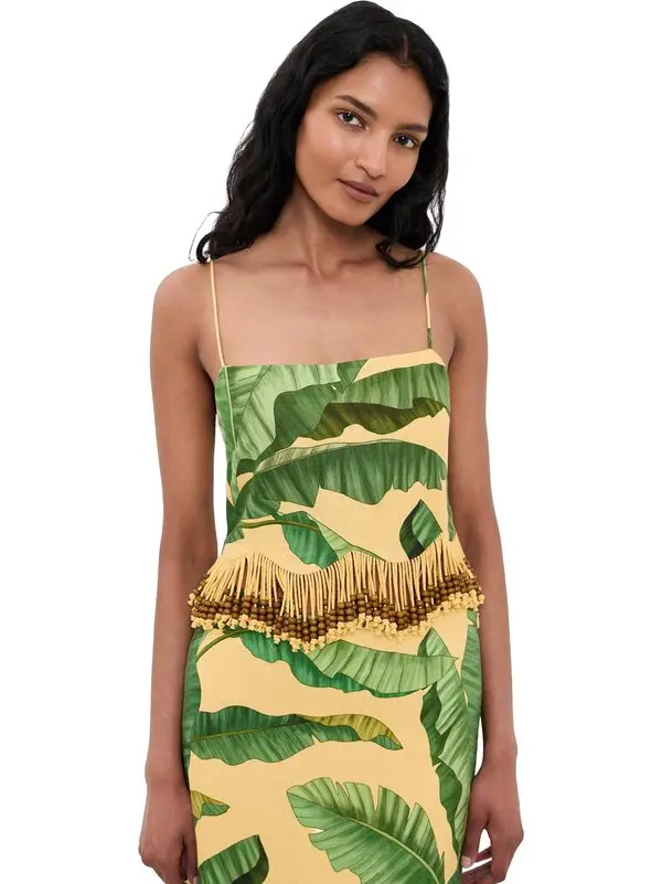Farm Rio Sleeveless Square Neck Top With Fringe And Beaded Embellishments - Fruit Leaves Banana Yellow