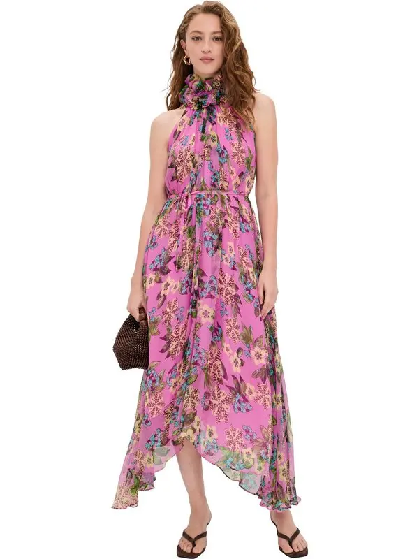 Saloni Iris Silk Floral Print Ruffle Neck Halter Midi Dress - Fiori Peony