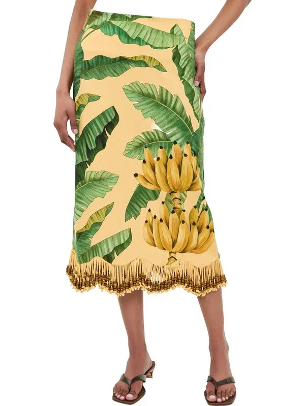 Farm Rio Banana Leaves Maxi Skirt With Beaded Fringe - Fruit Leaves Banana Yellow