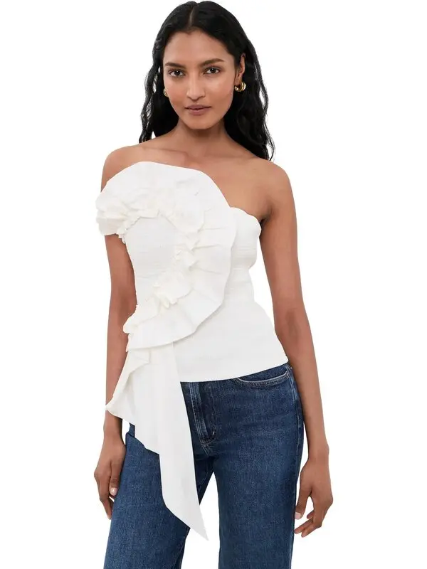 Farm Rio Smocked Strapless Top With Ruffle Trim - White