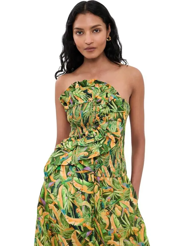 Farm Rio Smocked Strapless Ruffled Top - Parrots Forest Green
