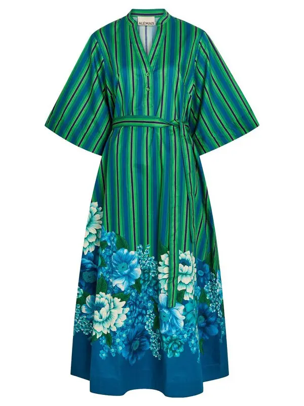 ALEMAIS Alémais Striped Cotton-poplin Midi Dress With Floral Print - Multicoloured