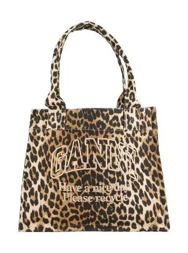 GANNI Leopard Print Recycled Cotton Shopper Bag - Beige