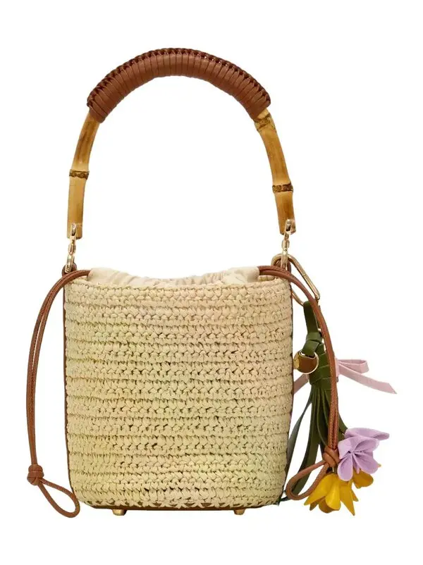 SELF-PORTRAIT Raffia Shoulder Bag With Bamboo Handle - Neutrals