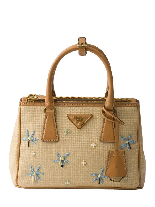 Prada Galleria Small Canvas And Leather Embroidered Bag - Neutral