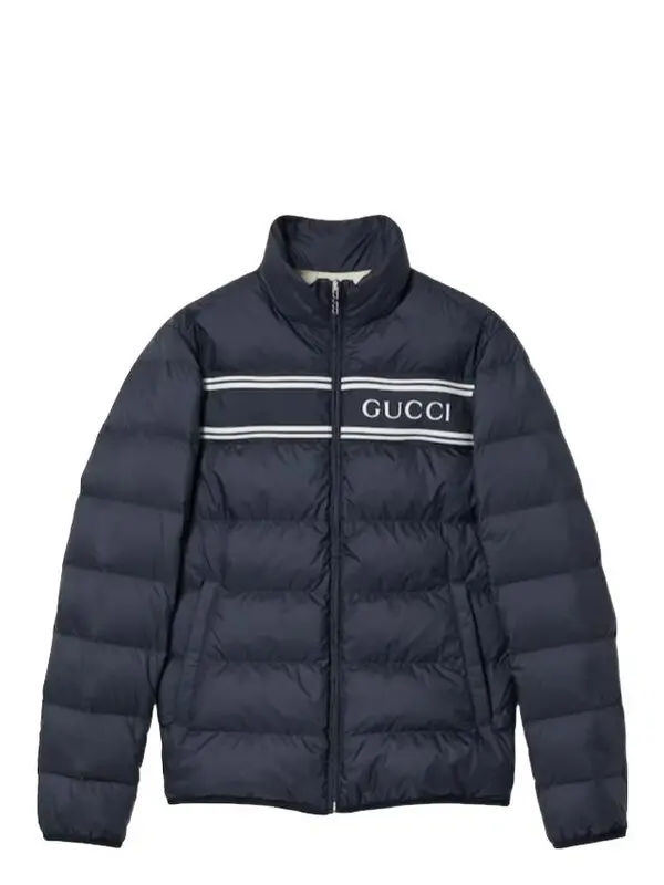 Gucci Logo Detailed Zip-up Padded Jacket - Navy Blue