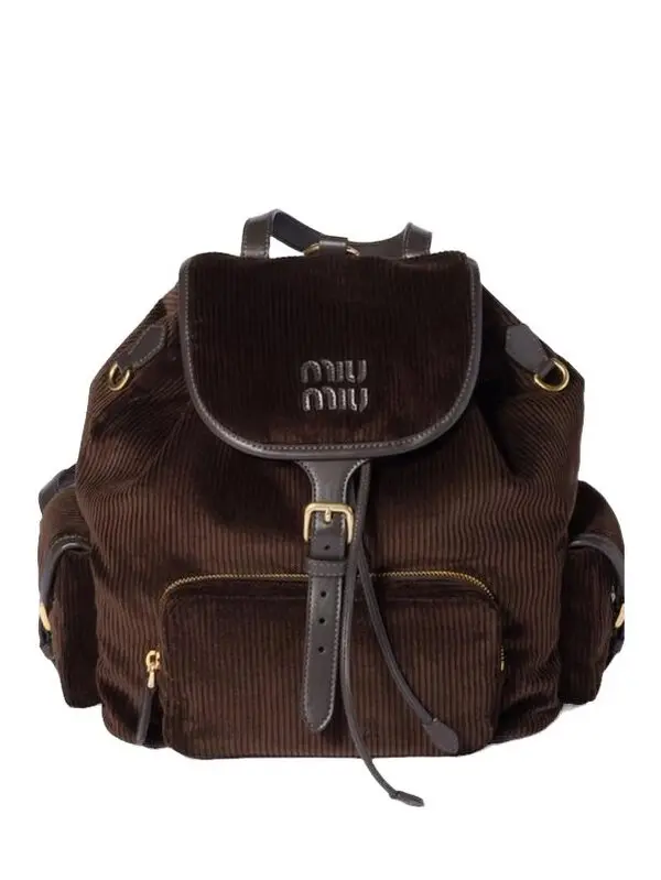 Miu Miu Logo Detailed Corduroy Backpack - Ebony