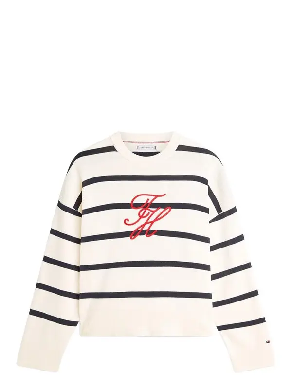 Tommy Hilfiger Striped Crew Neck Sweater With Embroidered Logo - White