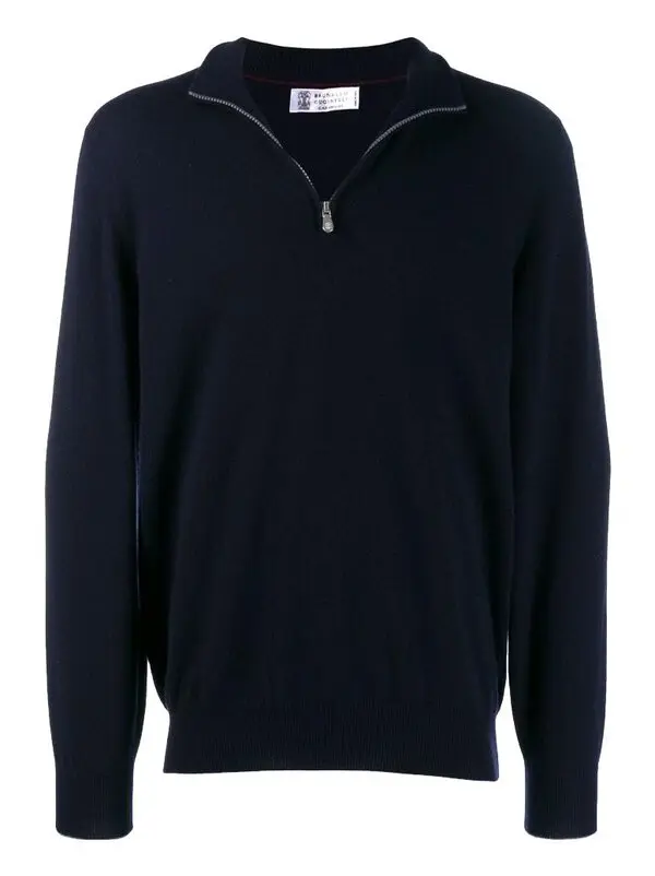 Brunello Cucinelli Half-zip Ribbed Knit Polo Shirt - Navy Blue