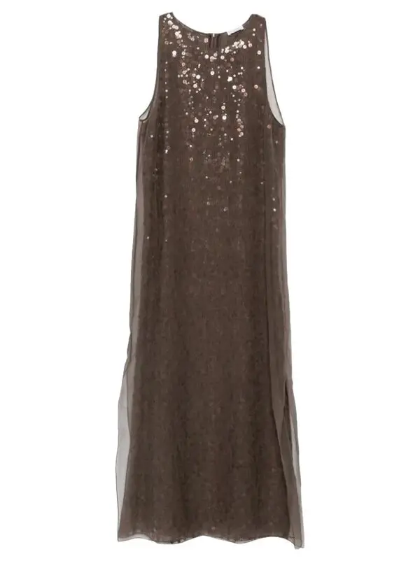 Brunello Cucinelli Sleeveless Sequin Embellished Midi Dress - Dark Chocolate