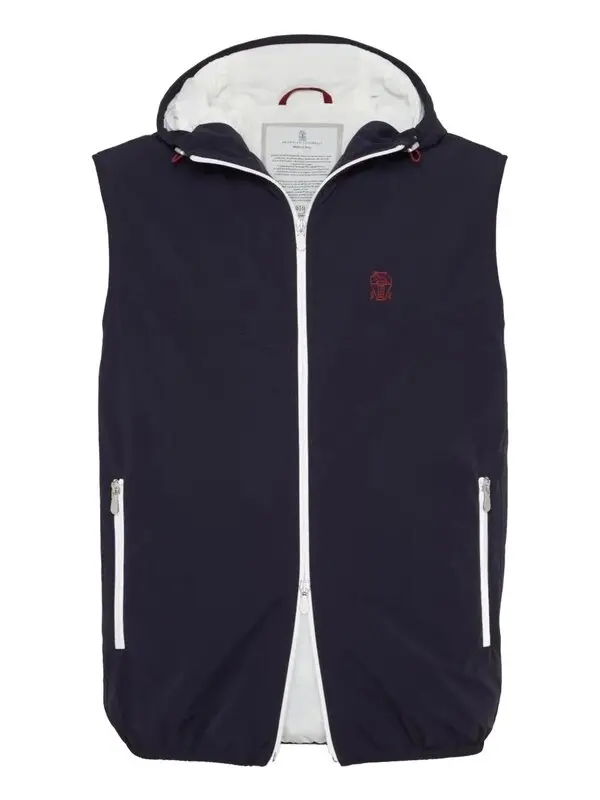 Brunello Cucinelli Logo Embroidered Zip-up Hooded Gilet - Black