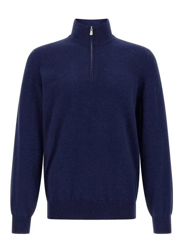 Brunello Cucinelli Funnel-neck Knitted Polo Shirt - Blue