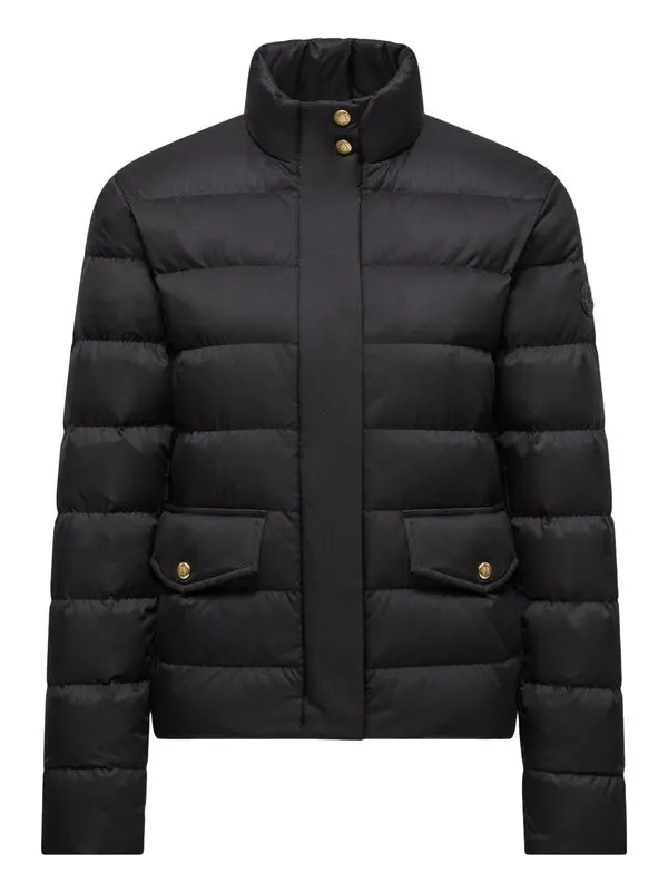 Moncler Bissettes Short Down Jacket With Stand Collar And Leather Logo - Black