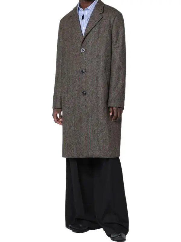 MAISON MARGIELA V-neck Herringbone Wool Coat - Brown