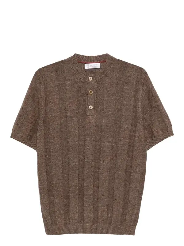Brunello Cucinelli Ribbed Short Sleeve Sweater With Three-button Placket - Brown