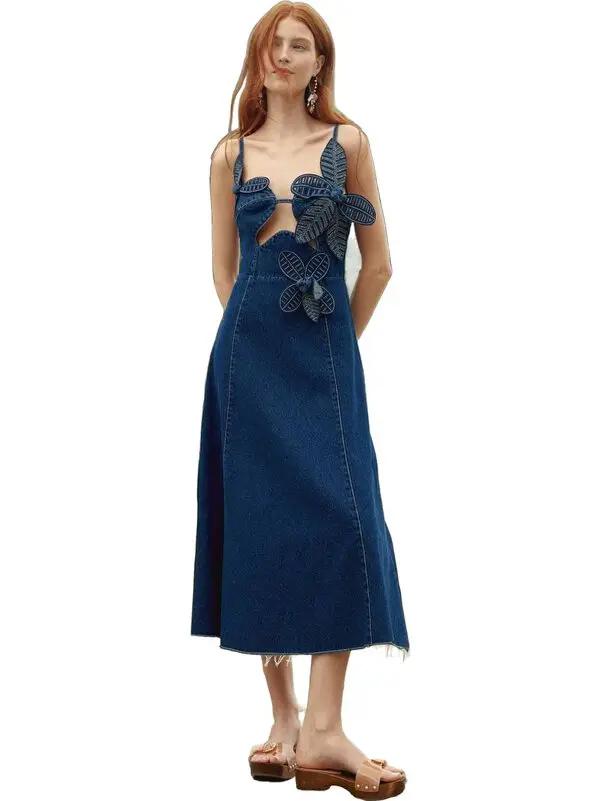 Farm Rio Sweetheart Neckline Flower Appliqué Dress - Denim