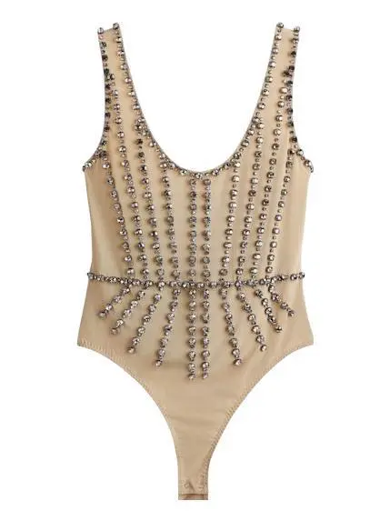 H&m Stella Mccartney Embellished Mesh Bodysuit - Beige