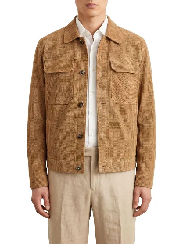 BOSS Perforated Suede Shirt Jacket With Flap Pockets - Beige
