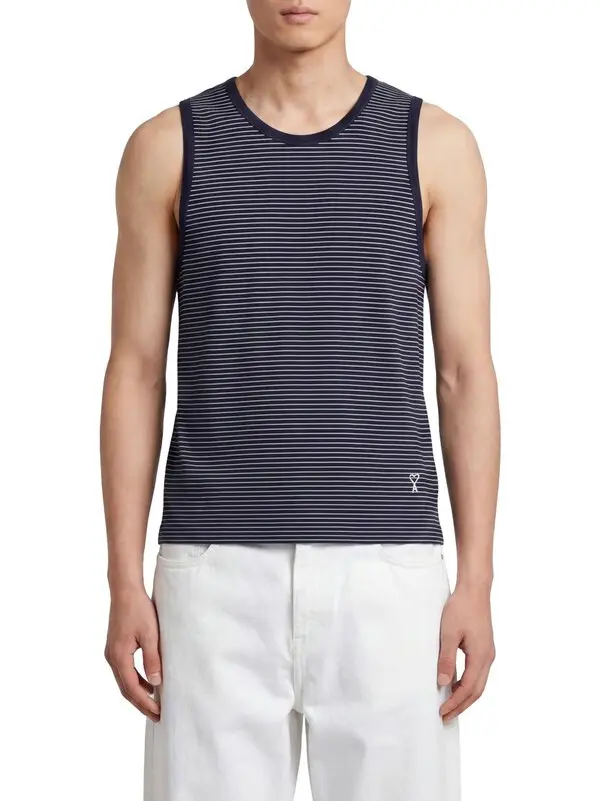Ami Slim Fit Cotton Vest With Round Neck - Striped