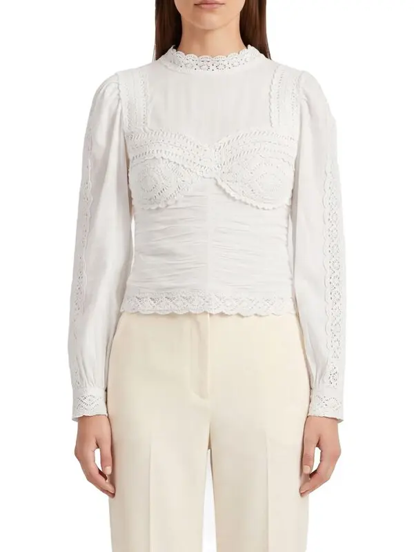Farm Rio Cotton Blouse With Macramé Inserts - White